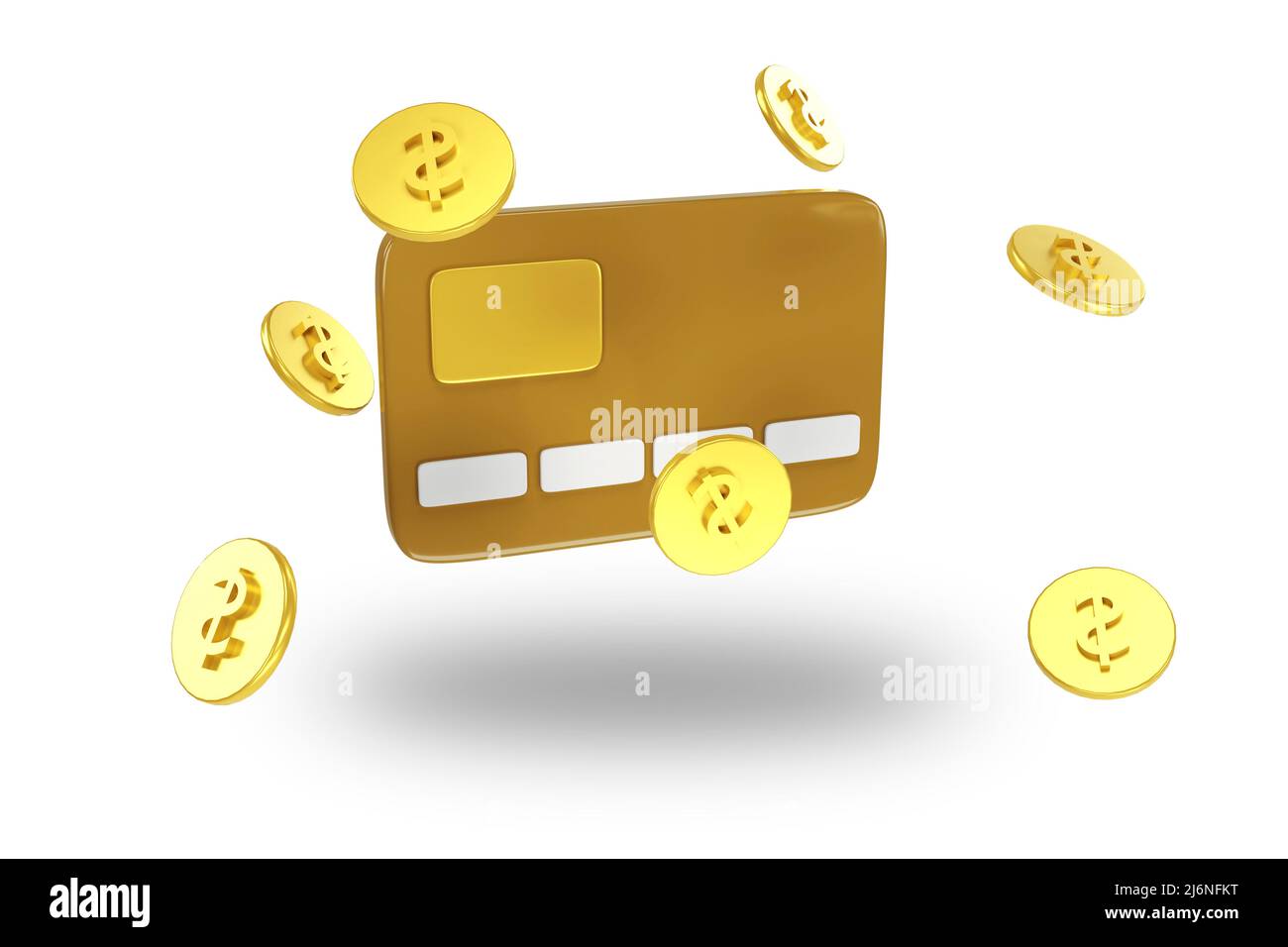 Bank card and floating coins around on white background. 3d render ...