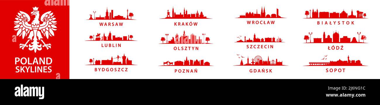 Collection of polish skylines, big bundle of cities in Poland, eastern ...