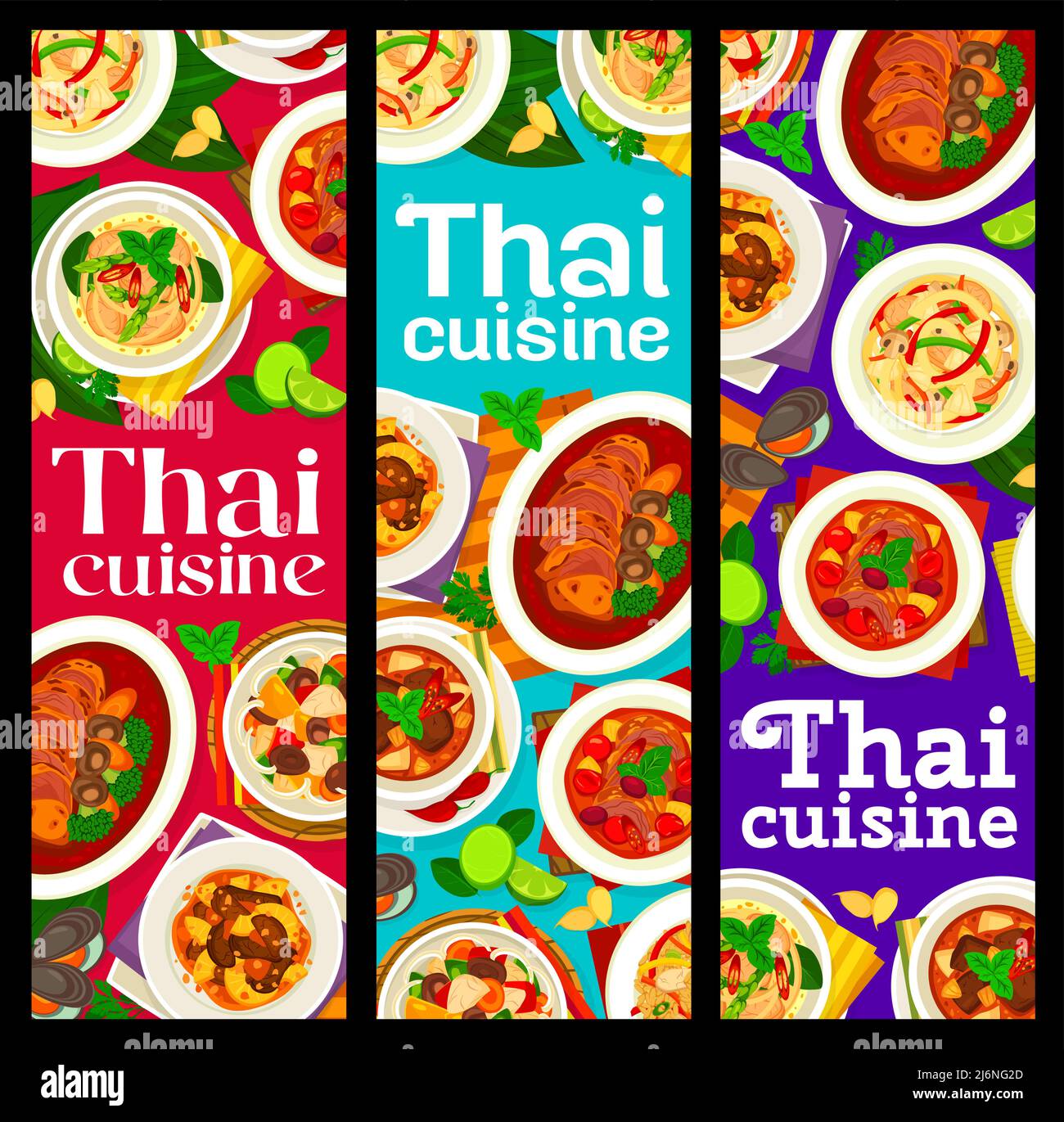 Thai cuisine food banners, Thailand dishes and meals of restaurant ...