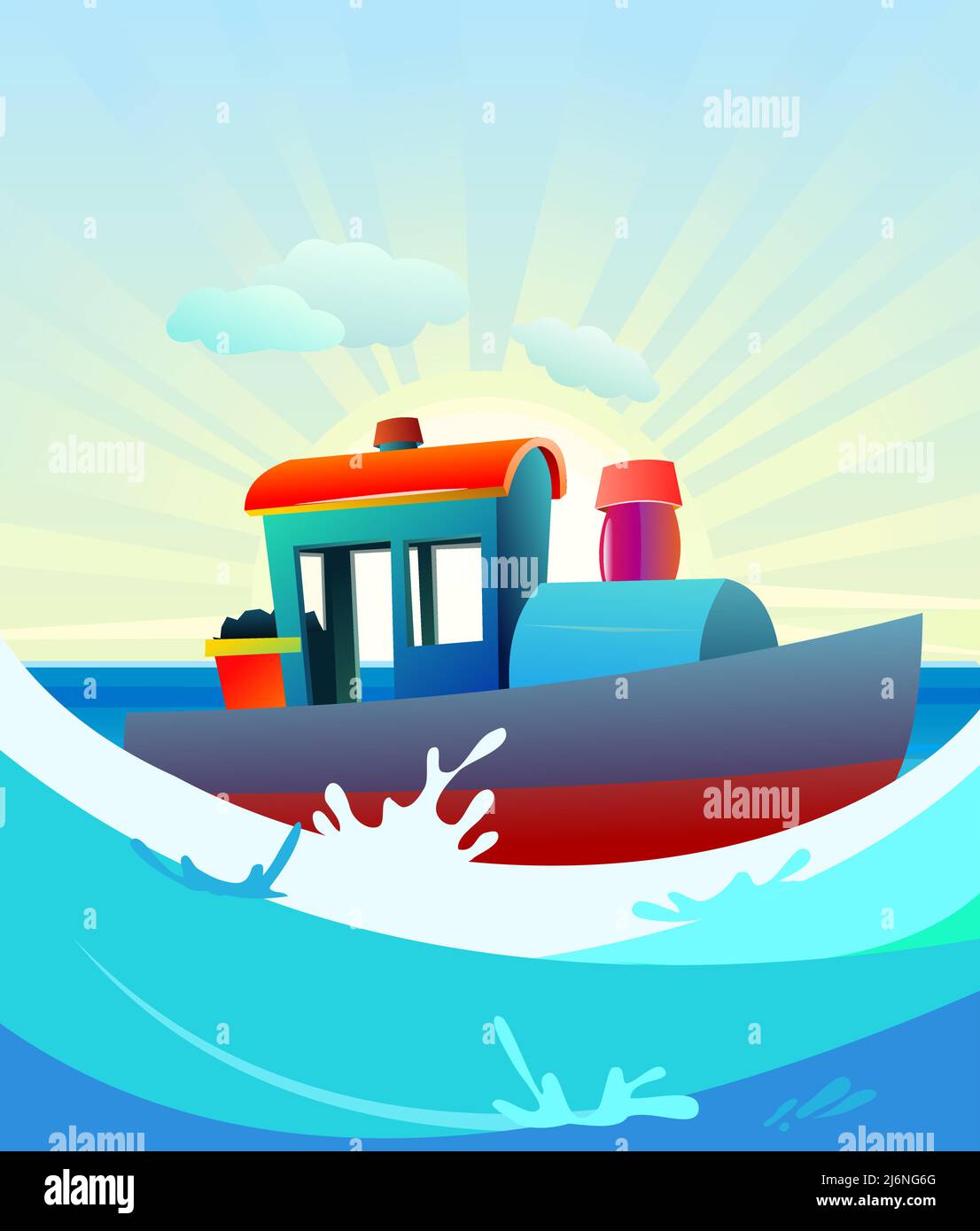 Boat ship. Floats on the sea. Steam engine. Cartoon style illustration ...