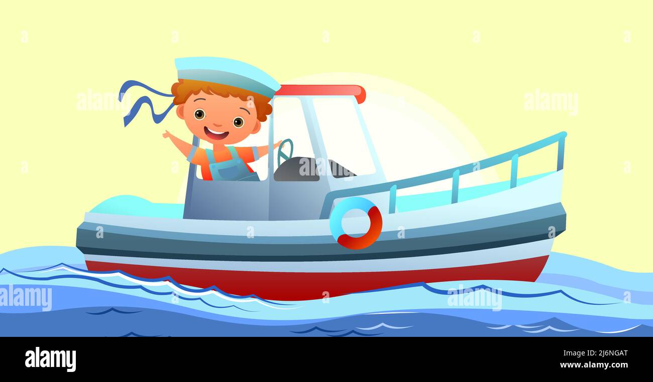 Boat ship. Seascape landscape. Boy kid little captain. Cartoon style ...