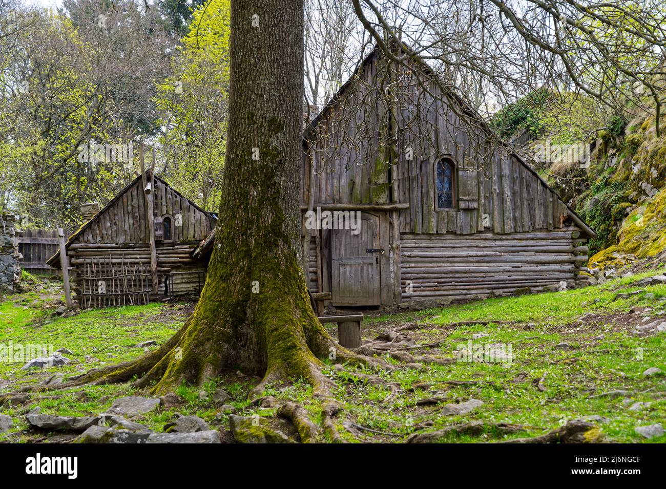 Old wooden hut, the abode of a witch from a legend in East Europe Stock ...
