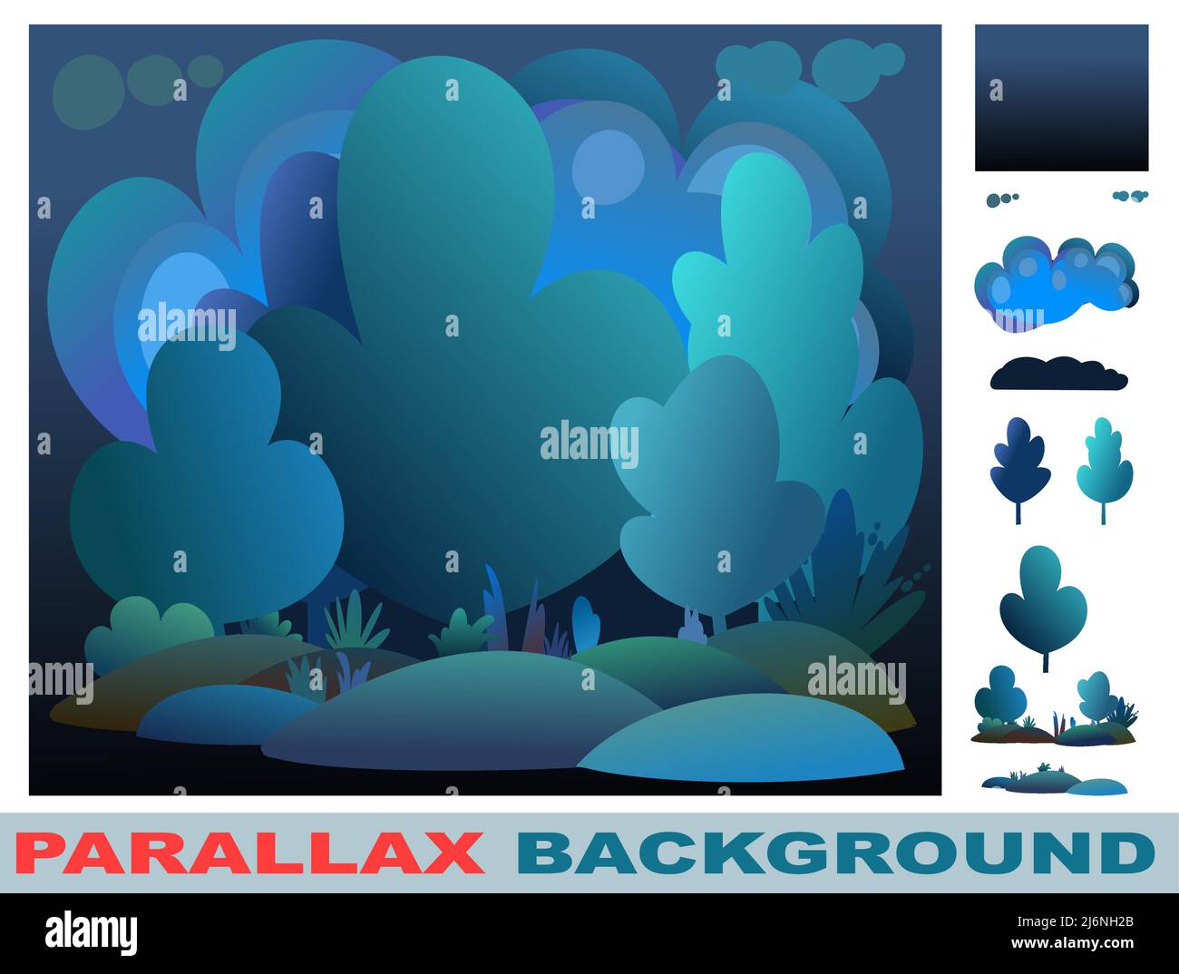 Flat forest. Set for parallax effect. Night landscape with trees ...