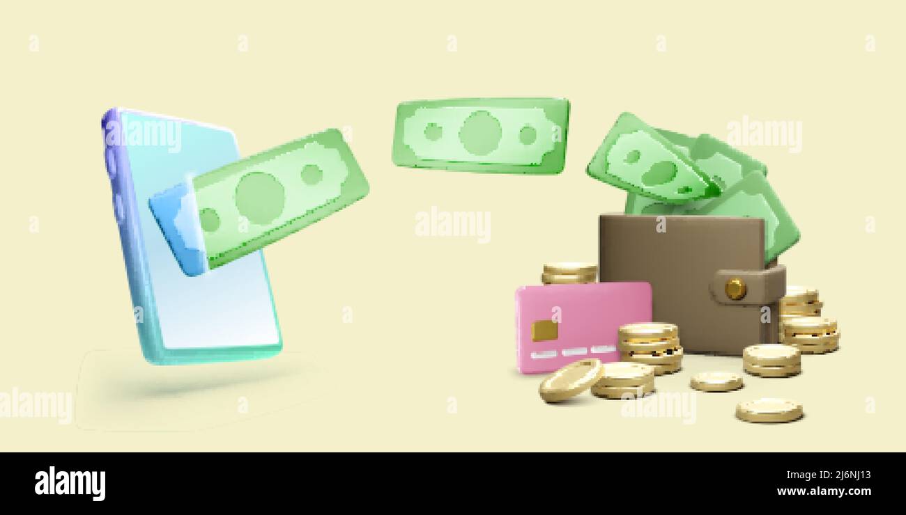 3d mobile phone with flying paper currency wallet with credit card and ...