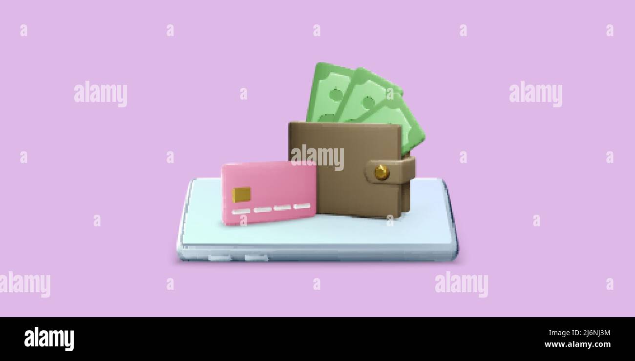 3d mobile phone with wallet with paper currency and credit card. Money ...