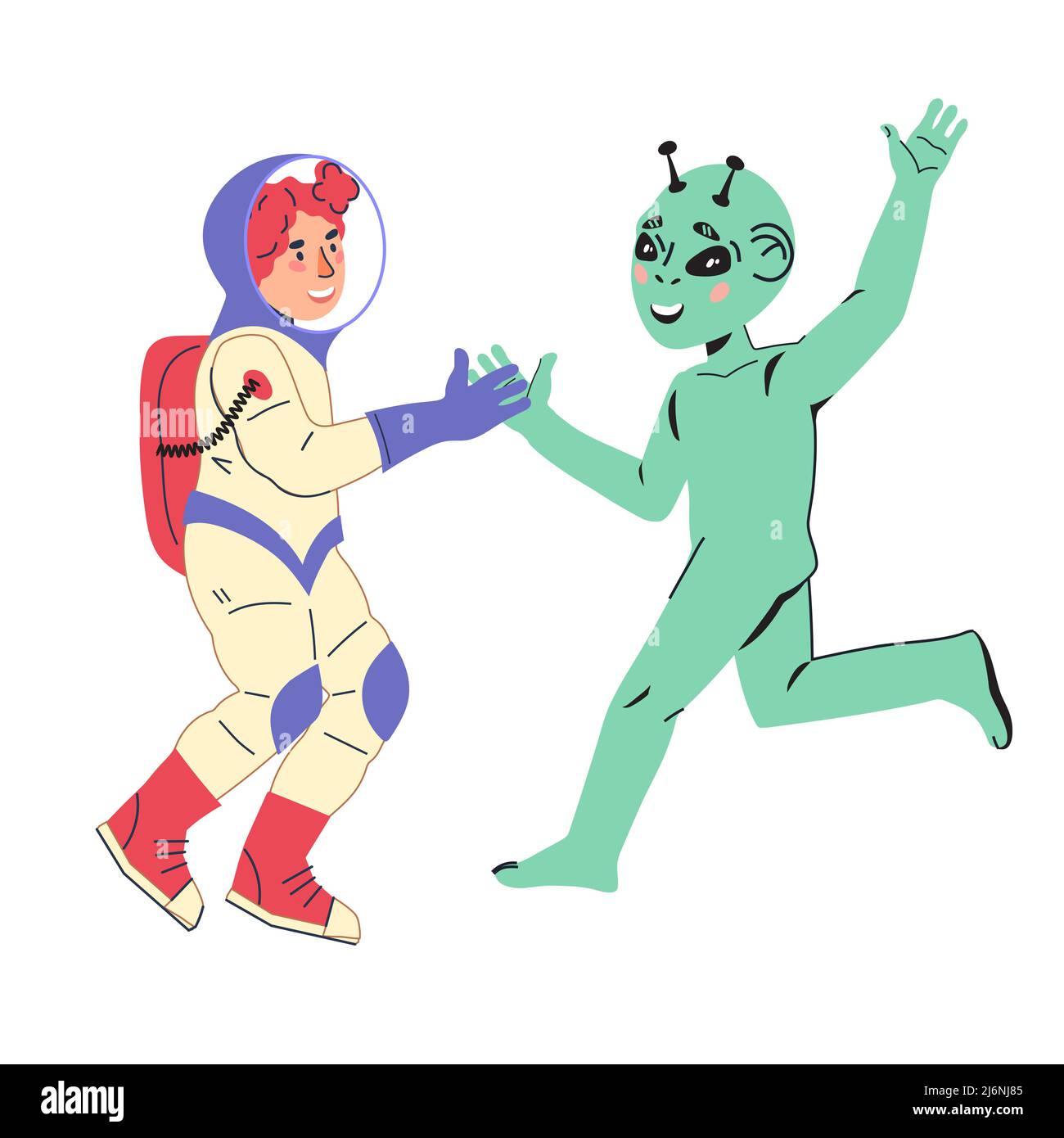 Child little explorer, young cosmonaut meeting friendly alien, vector ... Child little explorer, young cosmonaut meeting friendly alien, vector ...