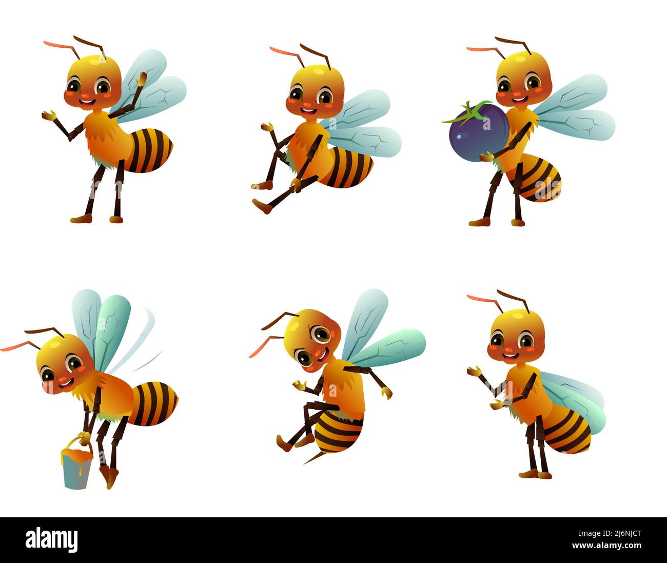 Set of Happy bee. Wildlife object. Little funny insect. Cute cartoon ...