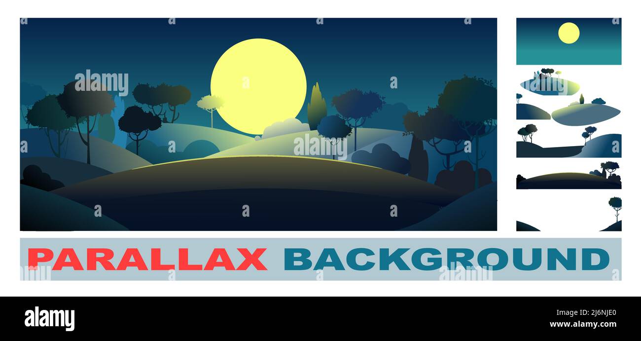Silhouette night landscape. Set for parallax effect. Big moon ...