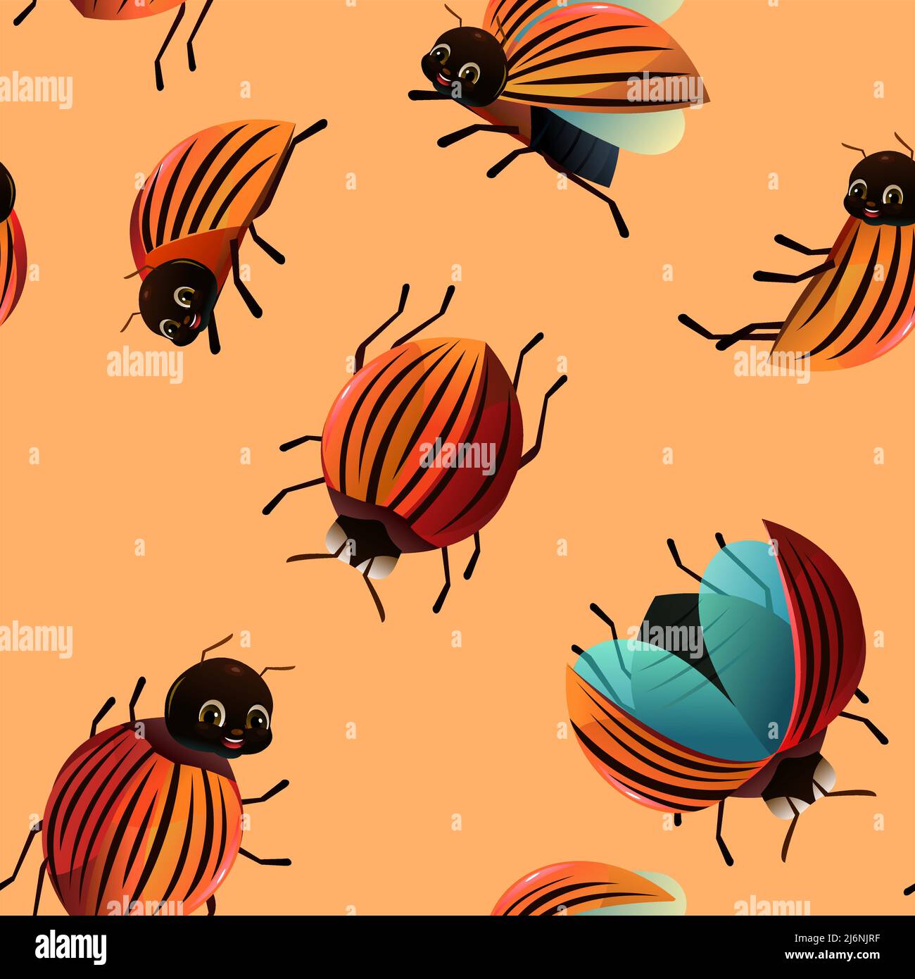 Colorado beetle. Seamless pattern. View from the back. Wildlife object. Little funny insect ...