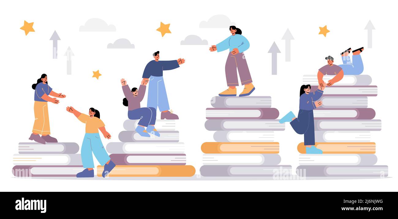 People stand on book piles and help friends to climb up the top ...