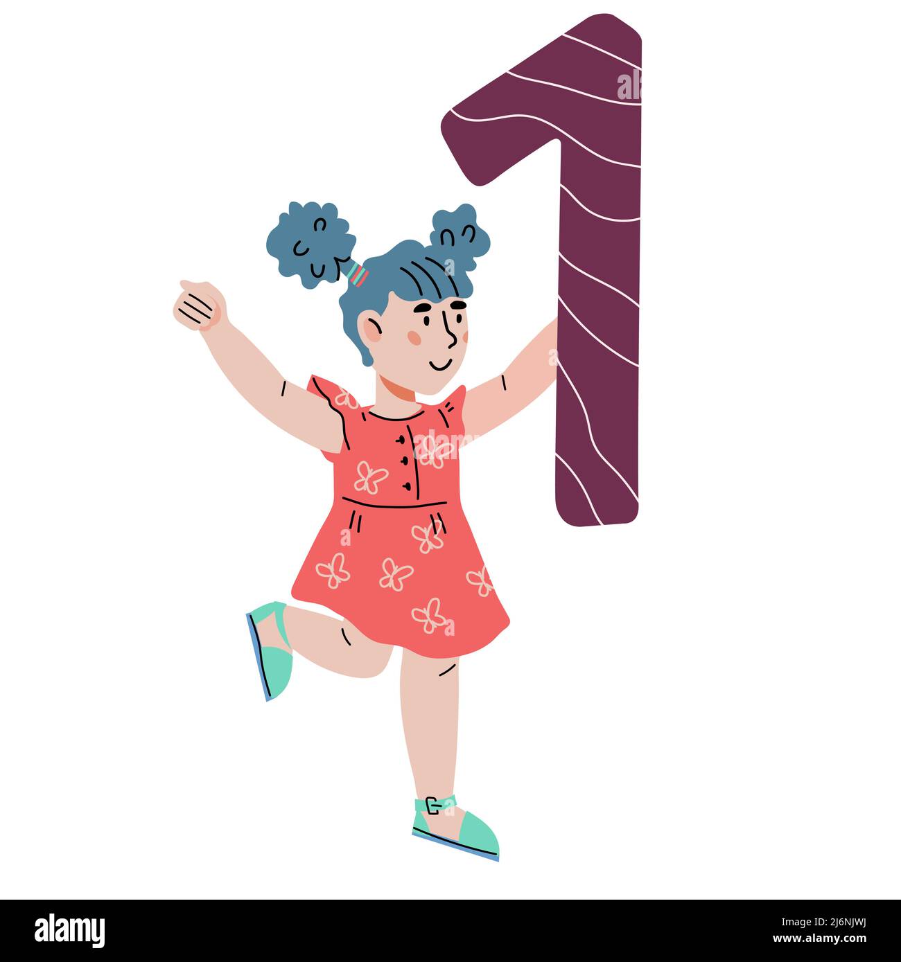 Child girl with figure 1 in hands, vector cartoon flat illustration ...
