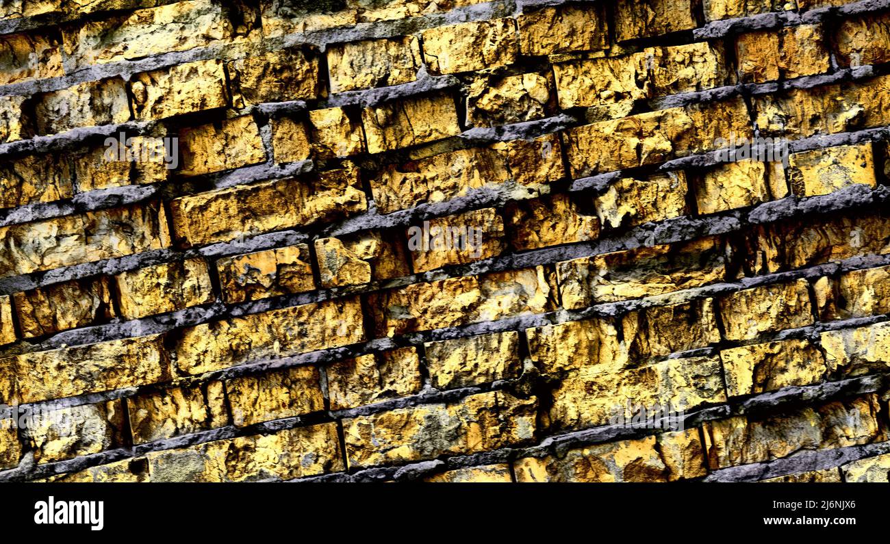Big full background of detailed old dark yellow brick wall Stock Photo ...