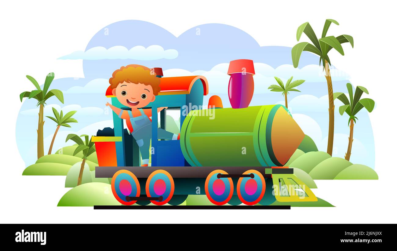 Locomotive rides on railroad. Cartoon style illustration. Boy driving ...