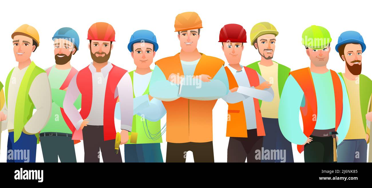 Men builder in vest and protective helmet. Guy worker. Cheerful person ...