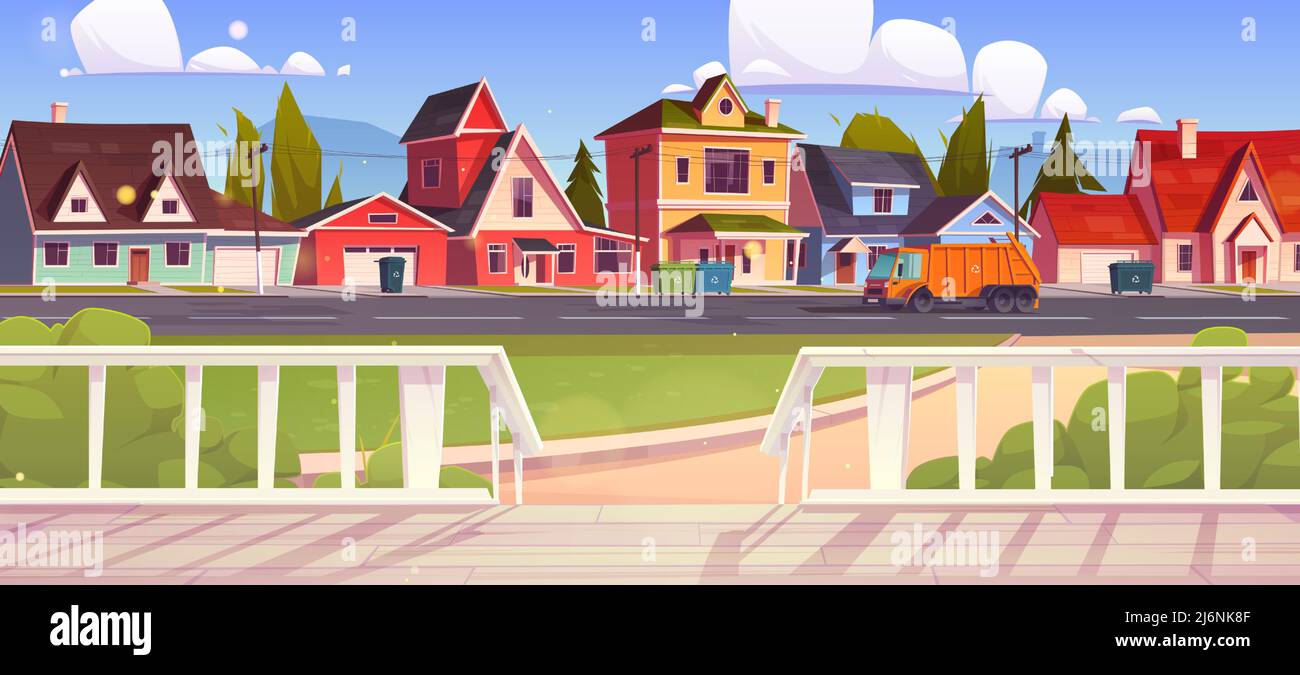 Suburban district with cottages view from wooden house terrace with ...