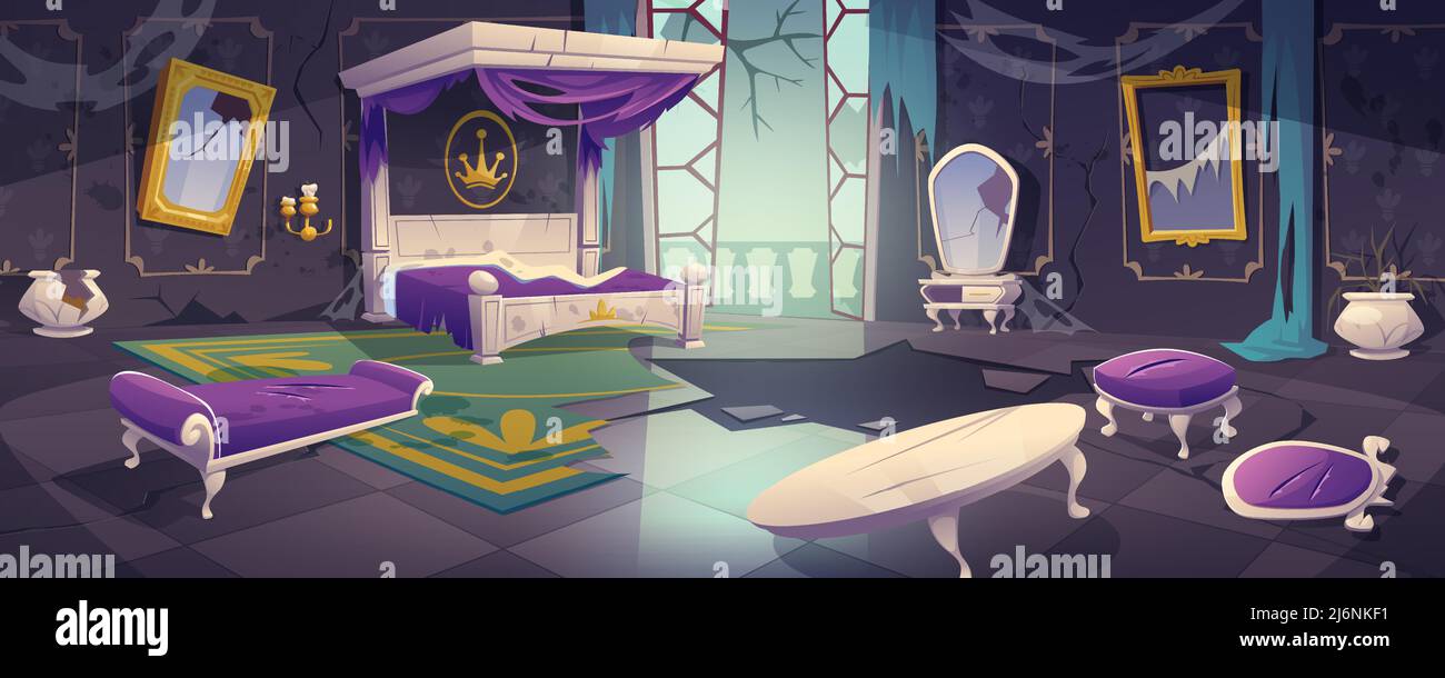 Abandoned bedroom in royal castle or palace. Vector cartoon ...