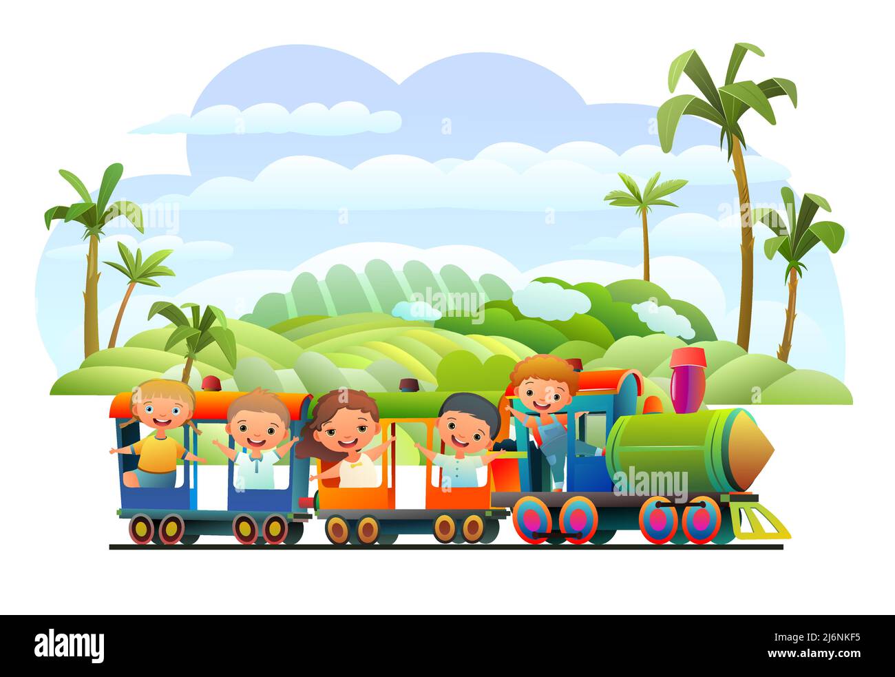 Locomotive rides on railroad. Funny kids. Multicolored wagons. Tropical ...
