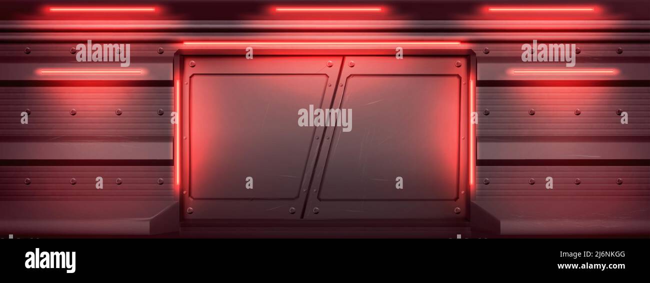 Metal door in bunker or secret laboratory with red glowing illumination ...