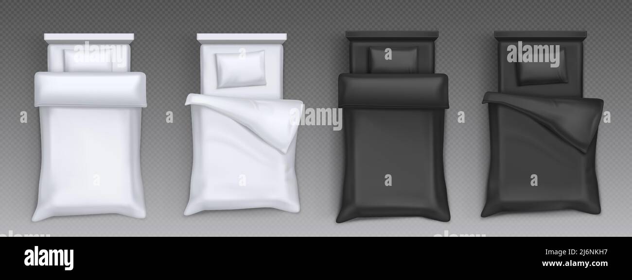 Unmade beds with white and black pillows, blanket and sheet. Vector ...