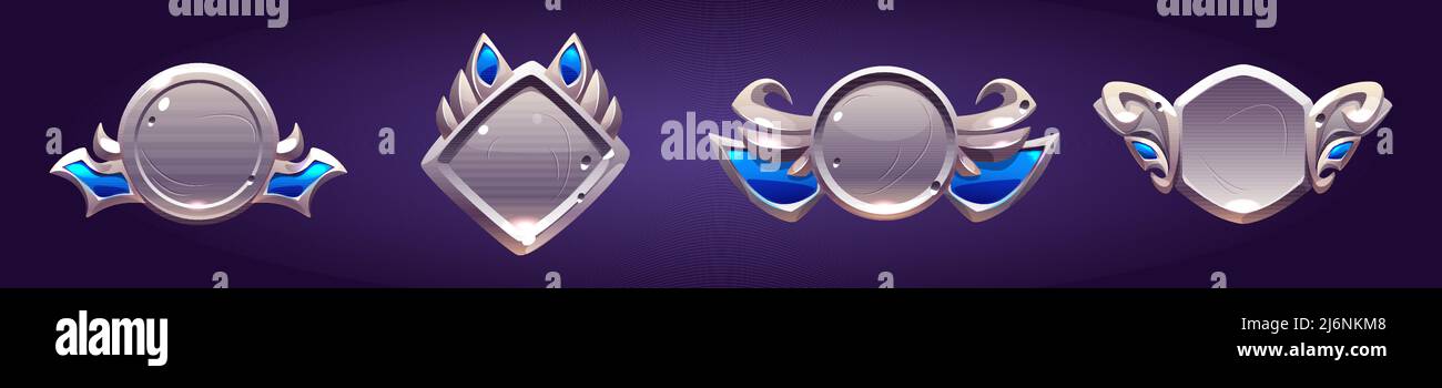 Game level silver badges, metallic ui icons, empty steel banners with ...