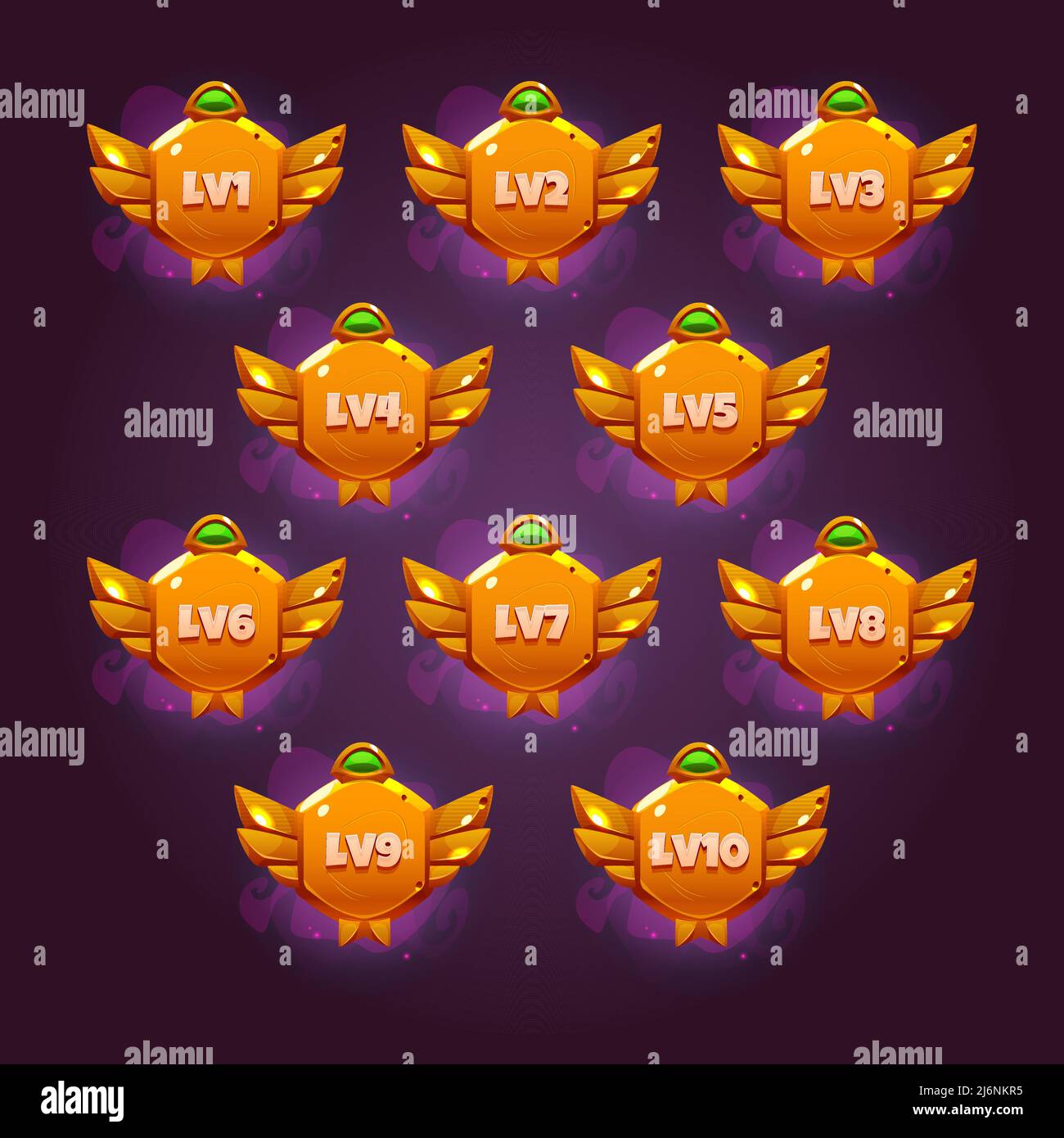 Set of game level ui icons, golden badges with wings, shields or ...