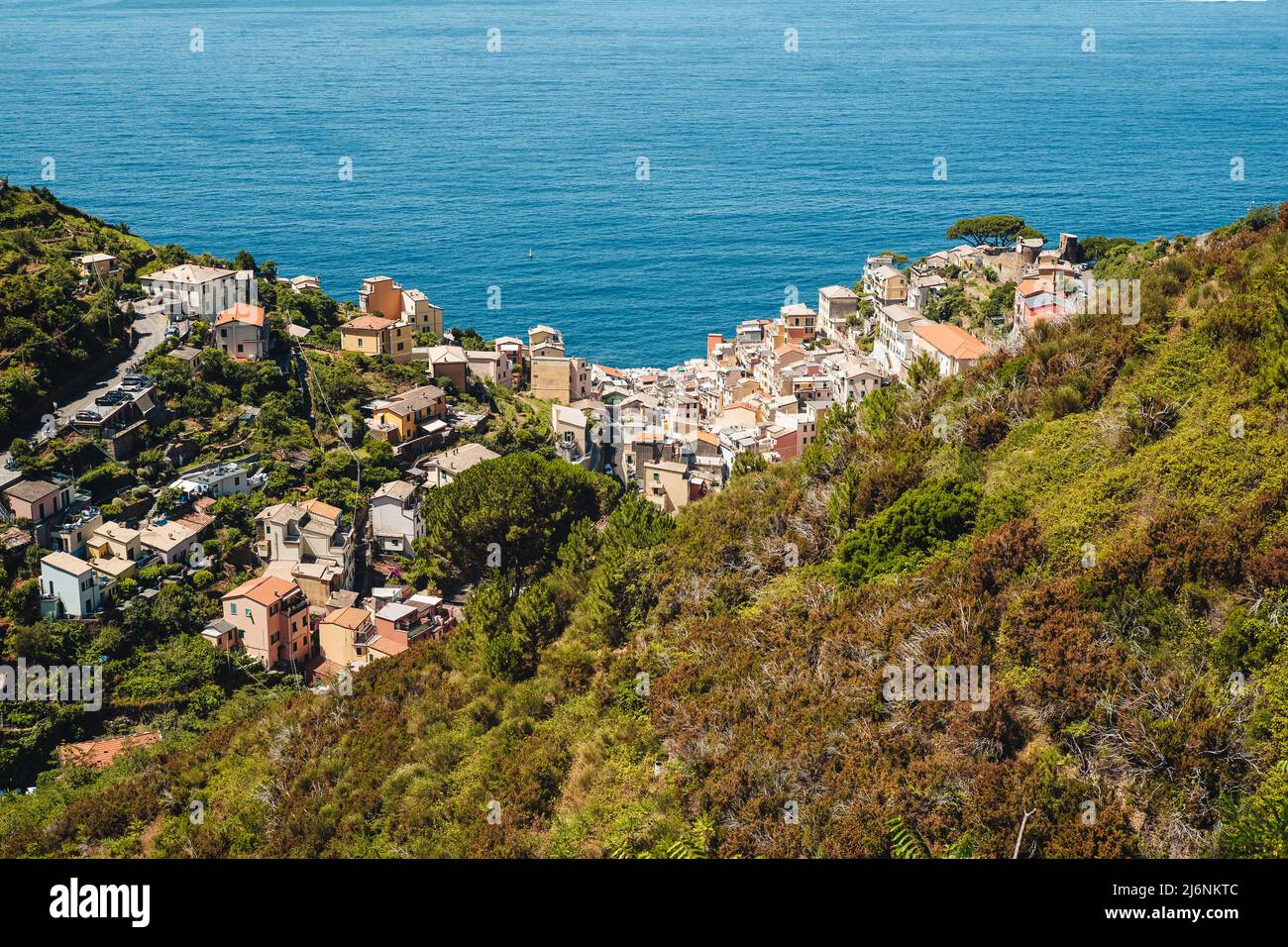 Landscape view of Riomaggiore, a cute village in the Cinque Terre ...