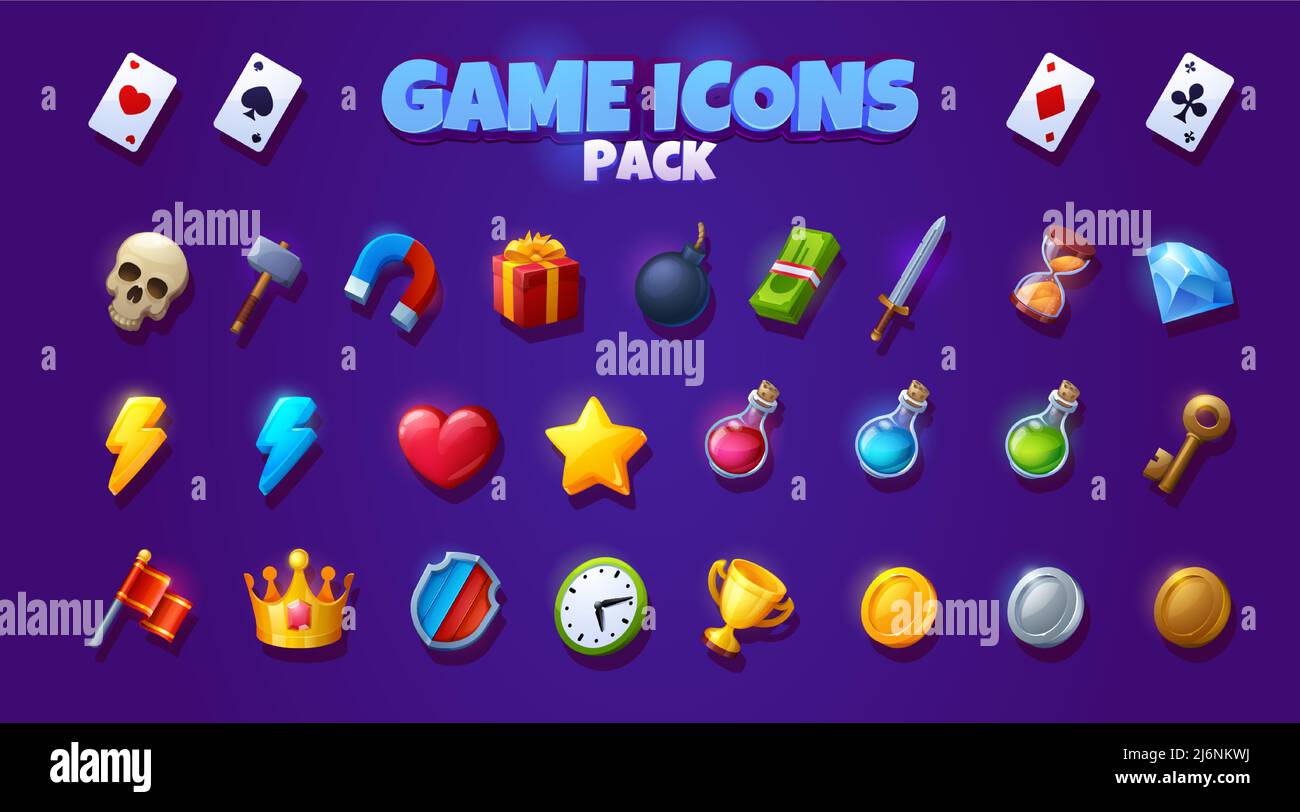 Game icons pack with symbols of key, playing cards, clock, money, gift ...