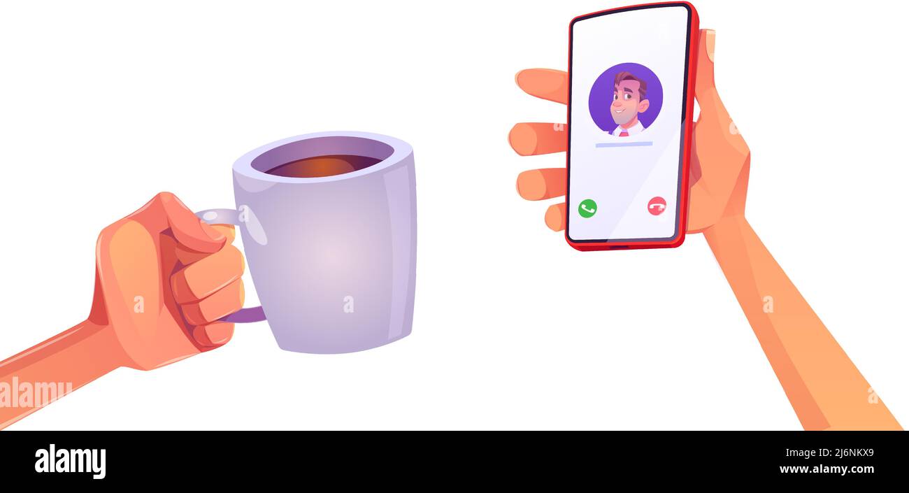 Human hands with coffee cup and phone isolated on white background ...