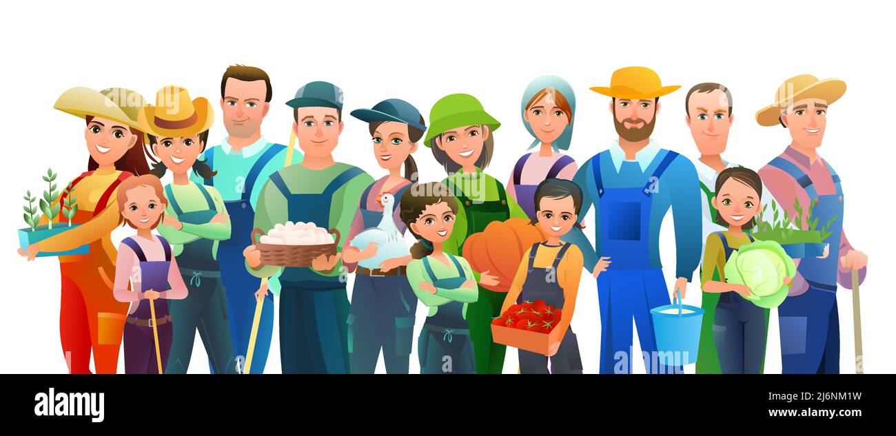 Man and woman and children villager farmer in overalls. Agricultural ...