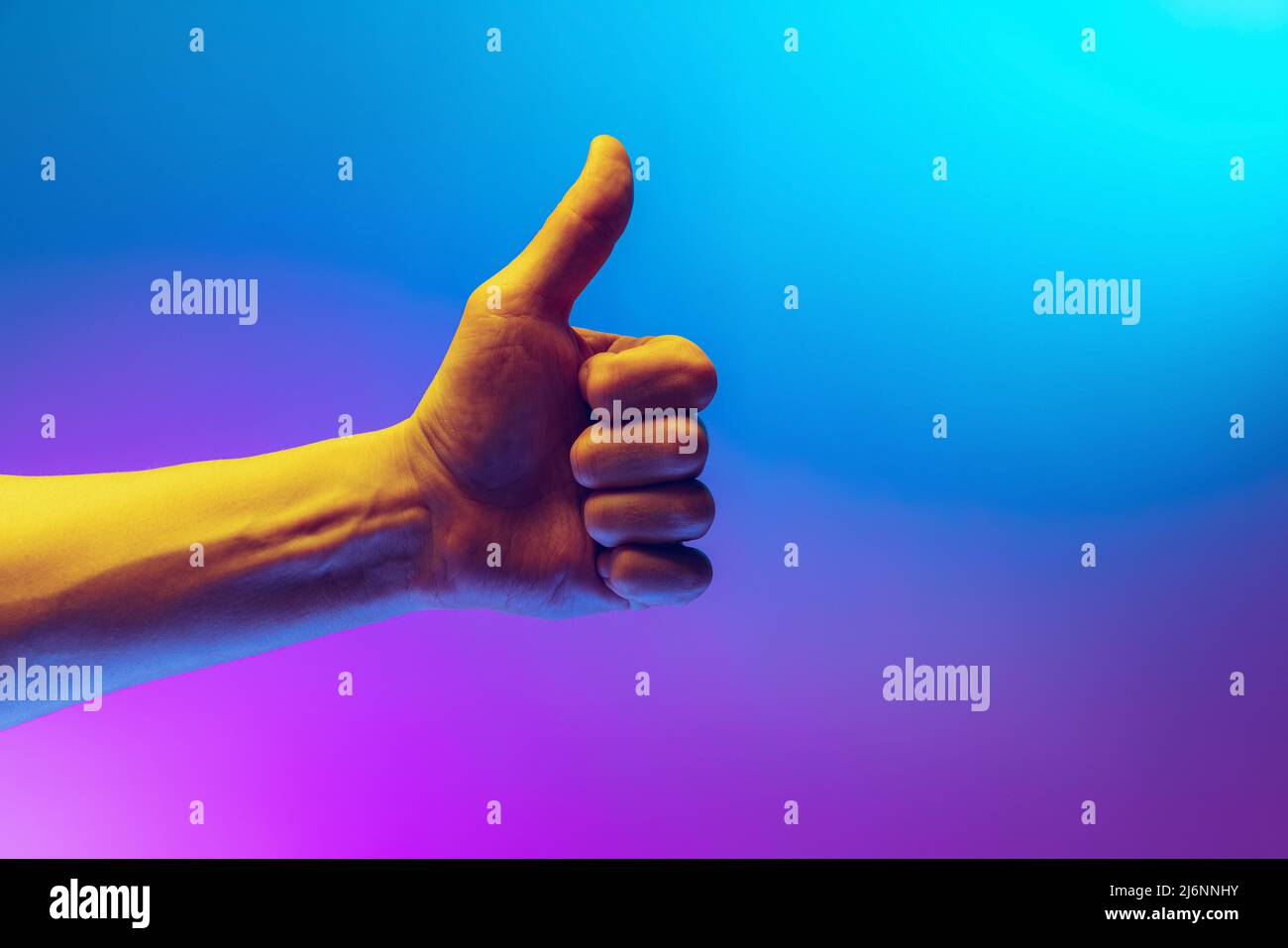 Human hand gesturing isolated on gradient purple-blue background in ...