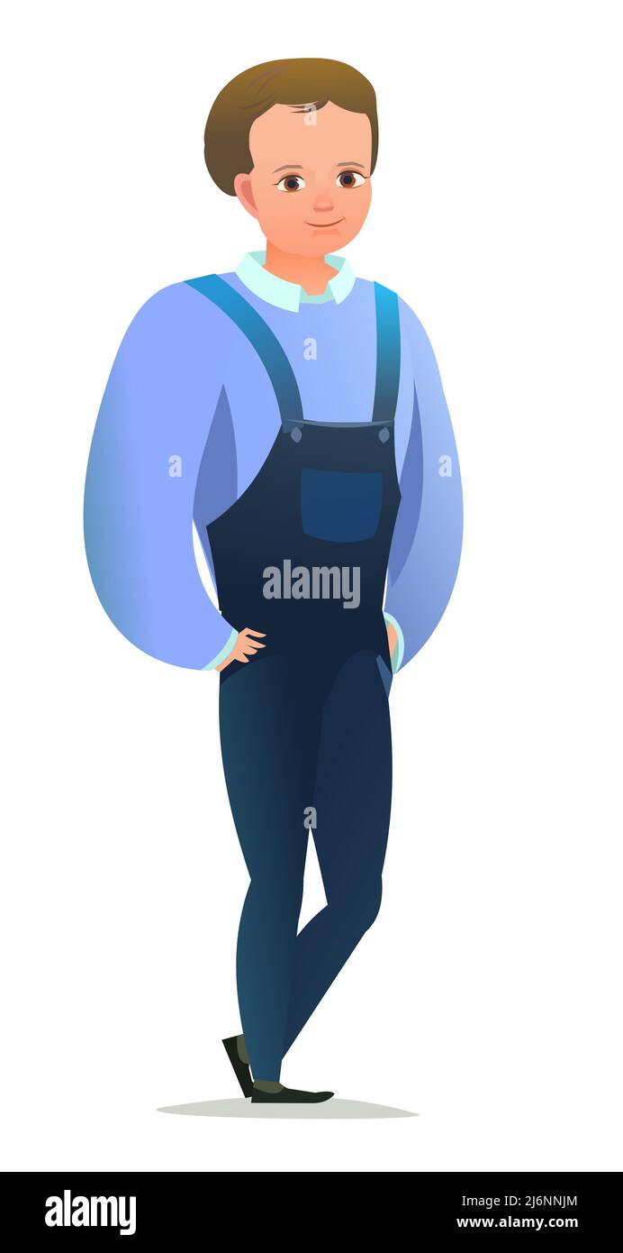 Little boy craftsman. Teen in apron. Master in workwear. Cheerful ...