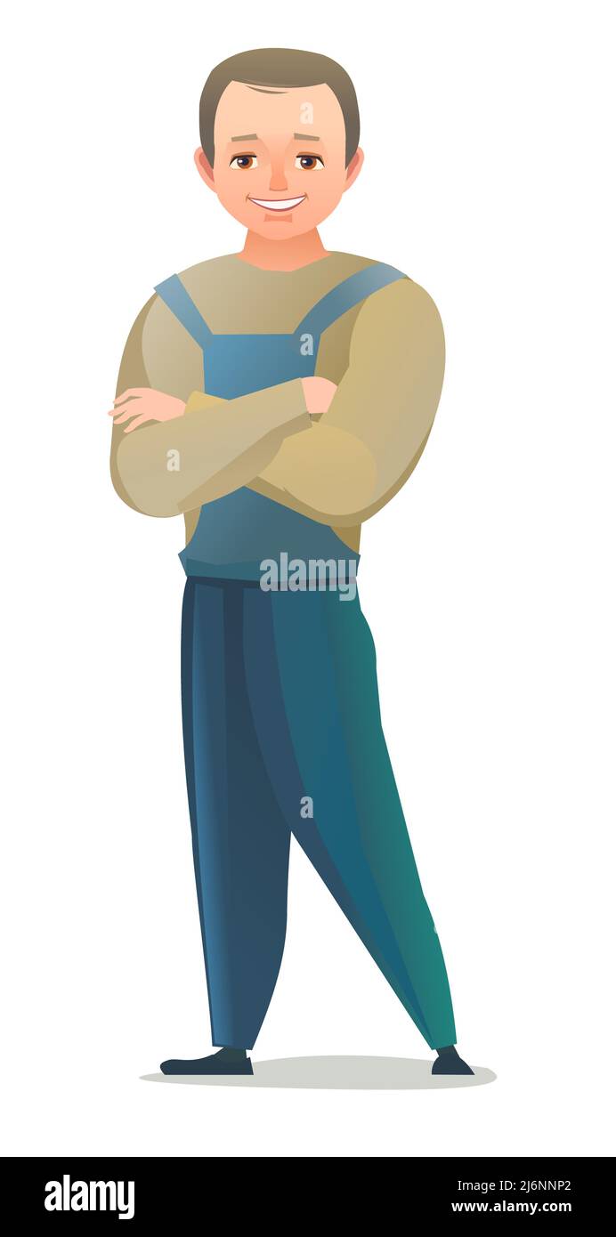 Little boy craftsman. Teen in apron. Master in workwear. Cheerful ...