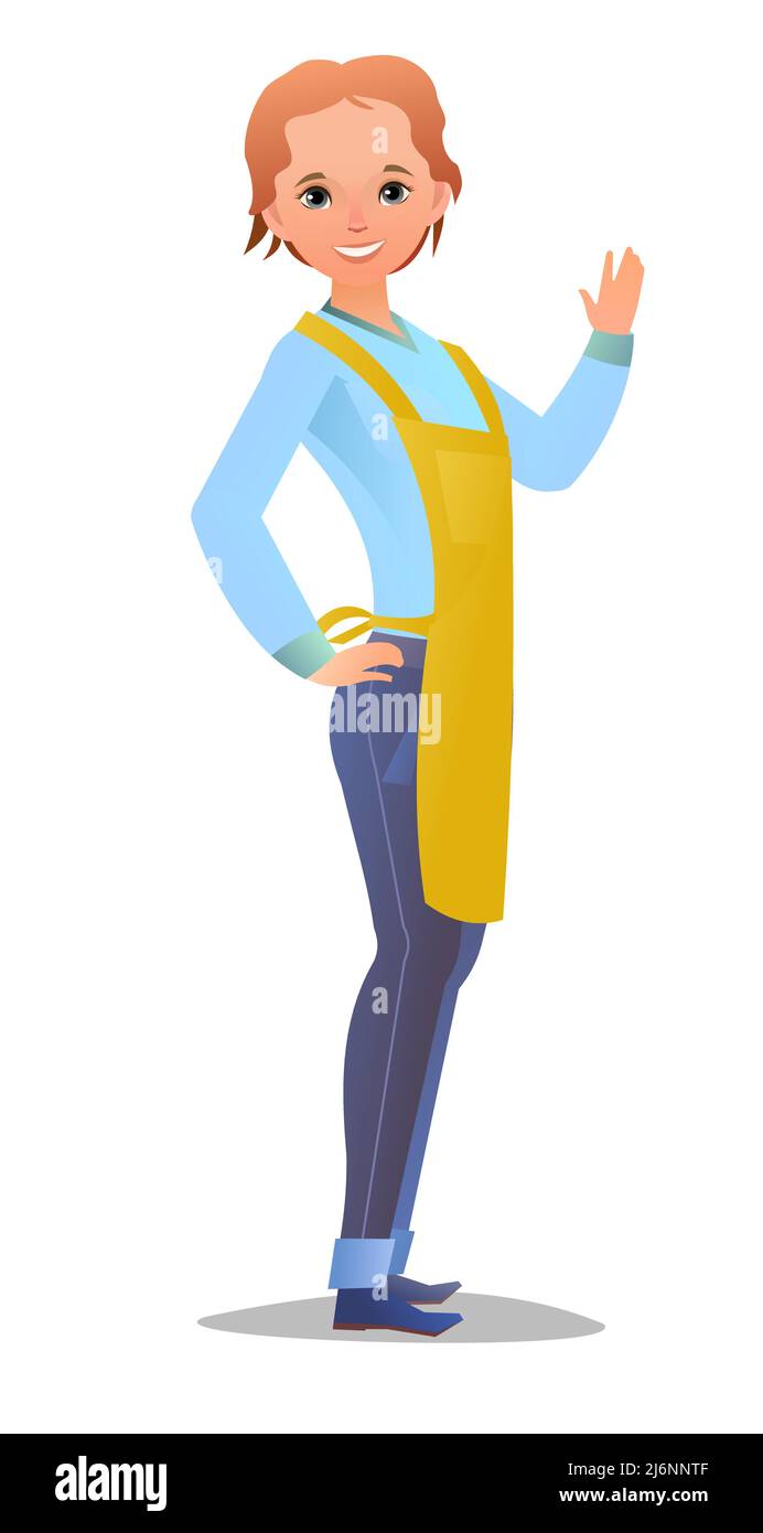 Little girl craftsman or artist. Teen in apron. Master in workwear ...