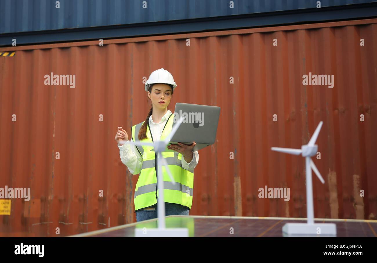 Foreman control Industrial Container Cargo freight ship at industry ...