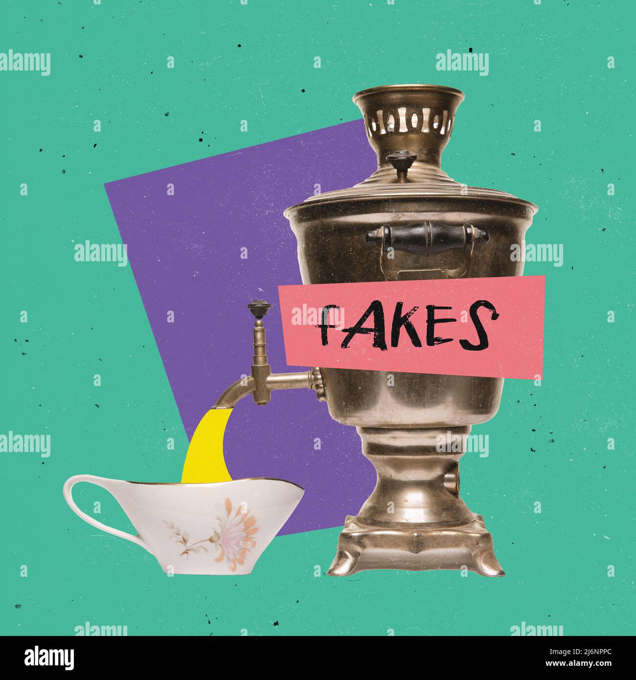 Contemporary art collage. Big tea kettle called samovar spreading fake ...