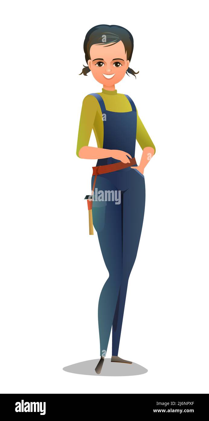 Little girl craftsman. Teen in apron. Master in workwear. Cheerful ...