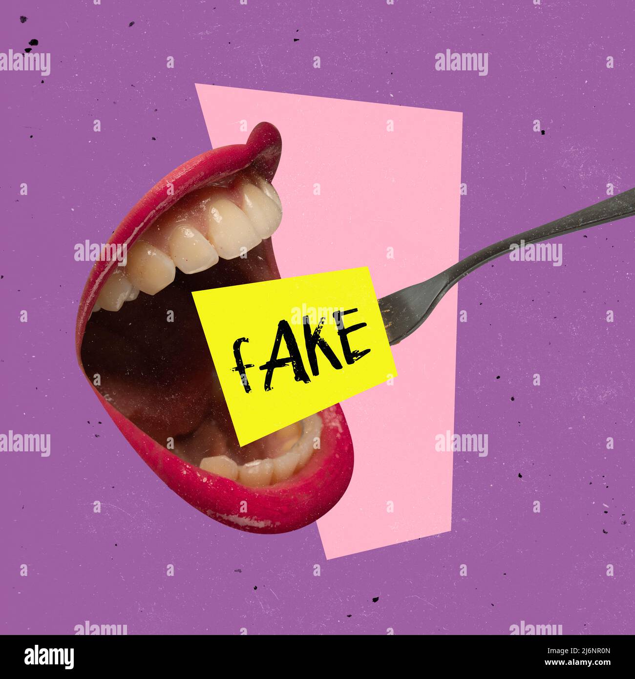 Contemporary art collage. Giant female mouth eating fake news spinning ...