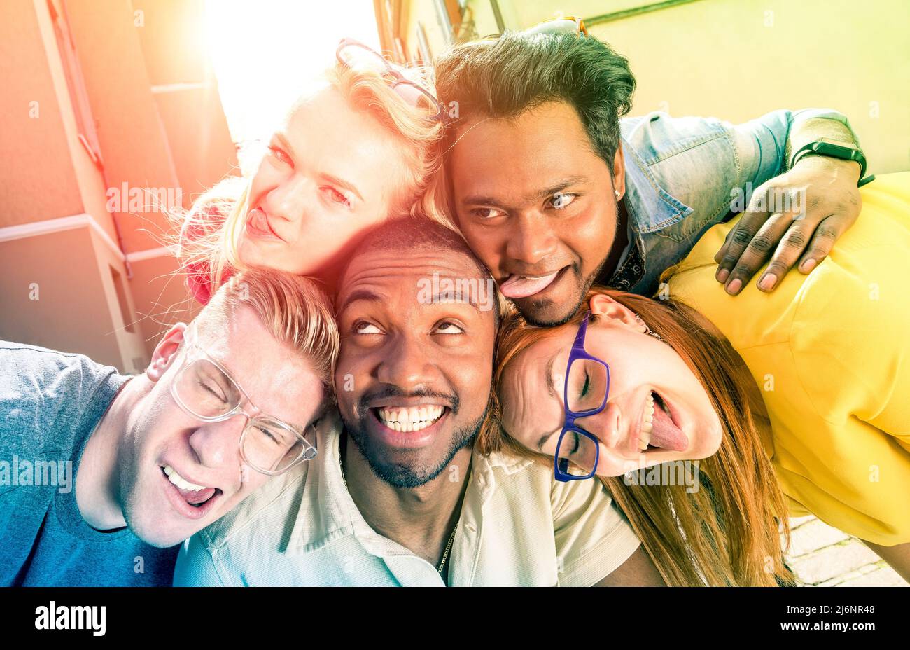 Best friends taking selfie outdoors with back lighting - Happy ...