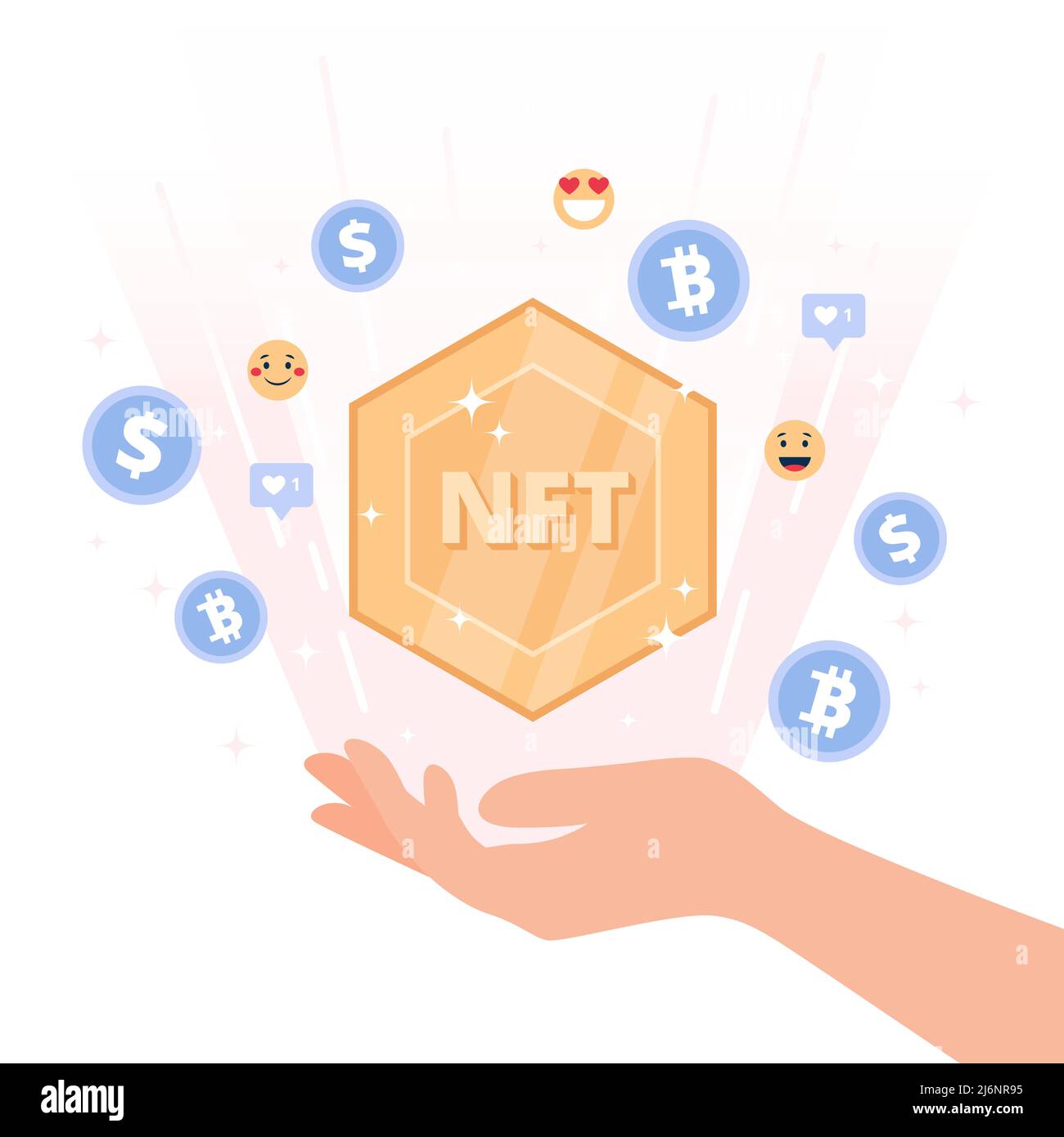 NFT token concept - hand holding non fungible token. Different currency ...