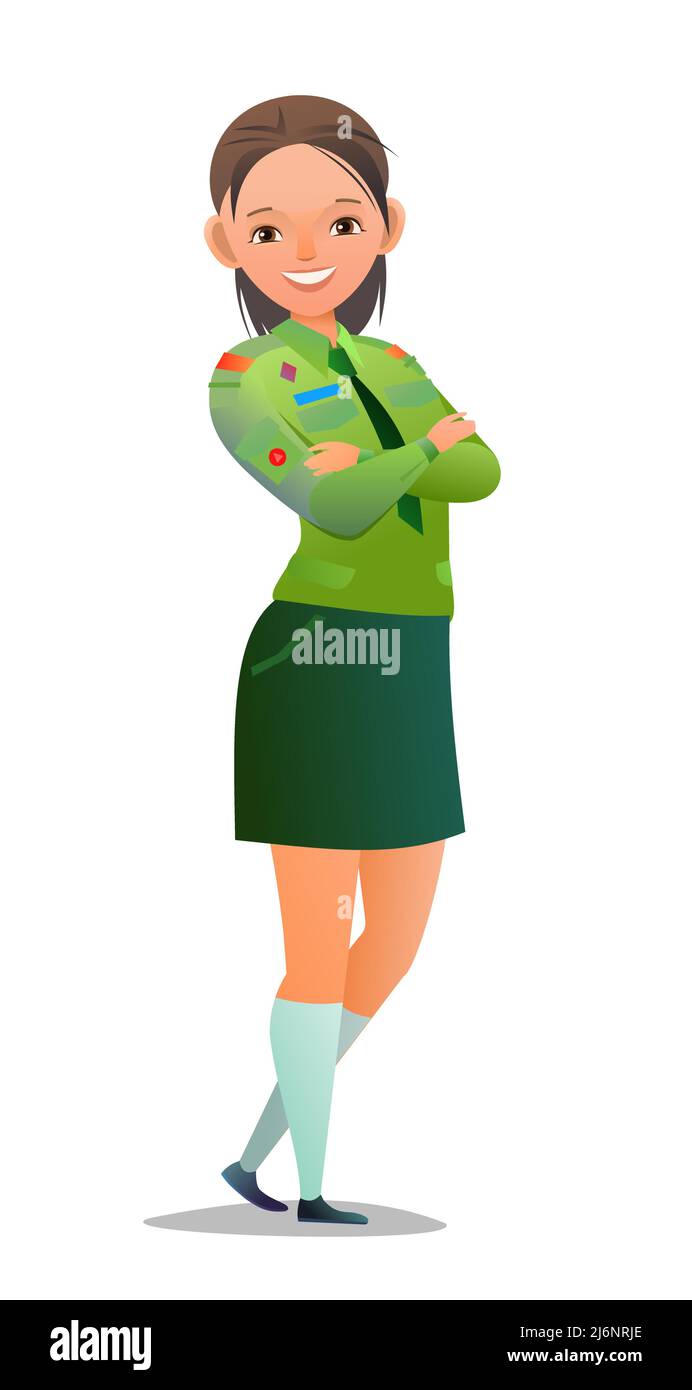Pretty little girl in scout uniform with badges. Cheerful girl ...