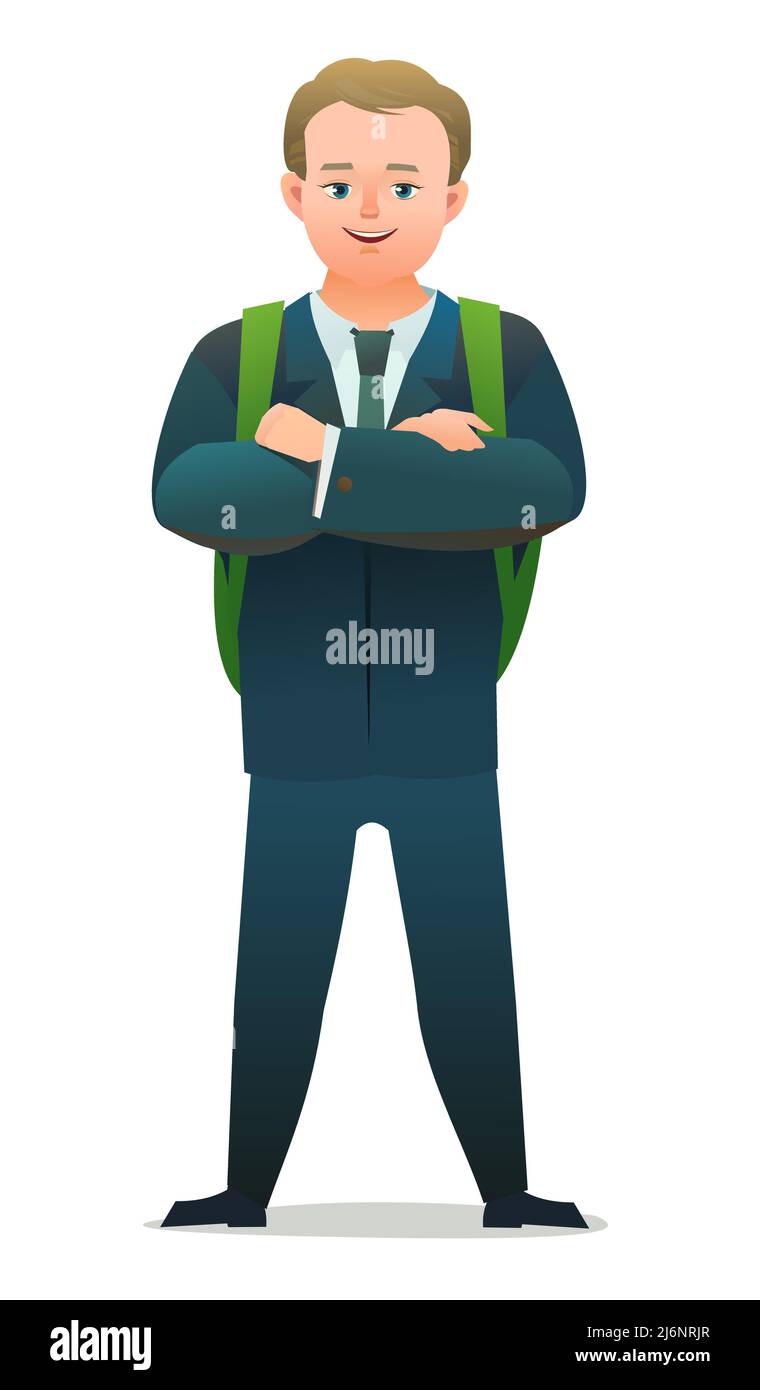 Pretty little boy student. Cheerful schoolboy. Standing pose. Cartoon ...