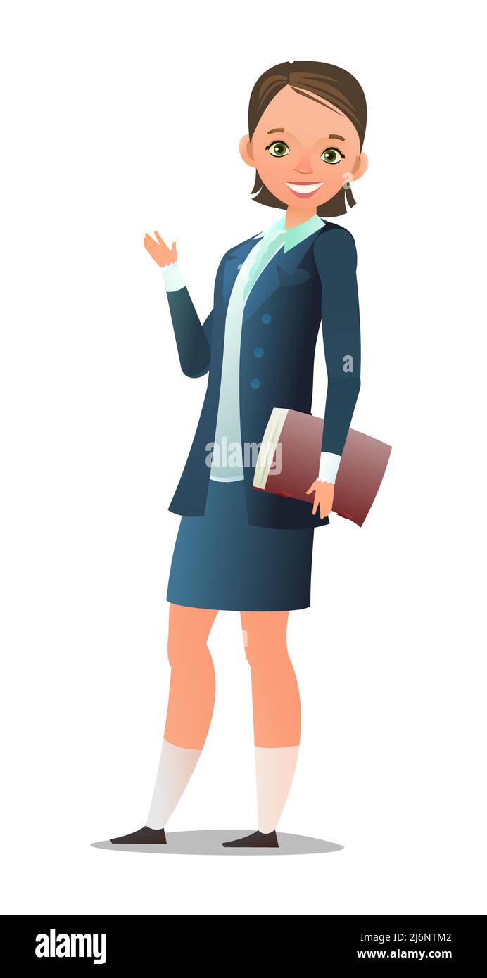 Pretty little girl student. Cheerful girl. Standing pose. Cartoon flat ...