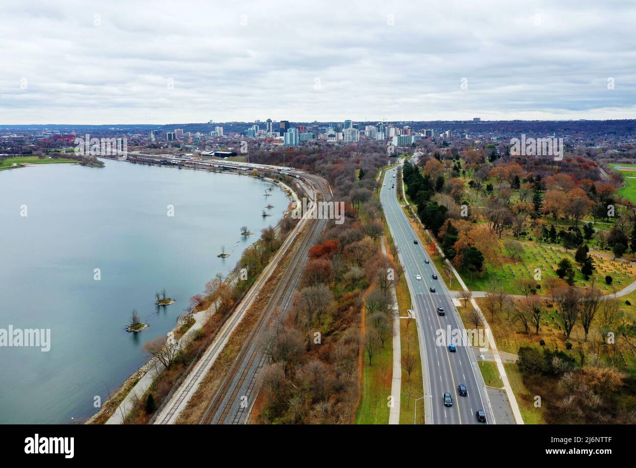 An aerial of traffic by Hamilton harbour in Ontario, Canada Stock Photo ...
