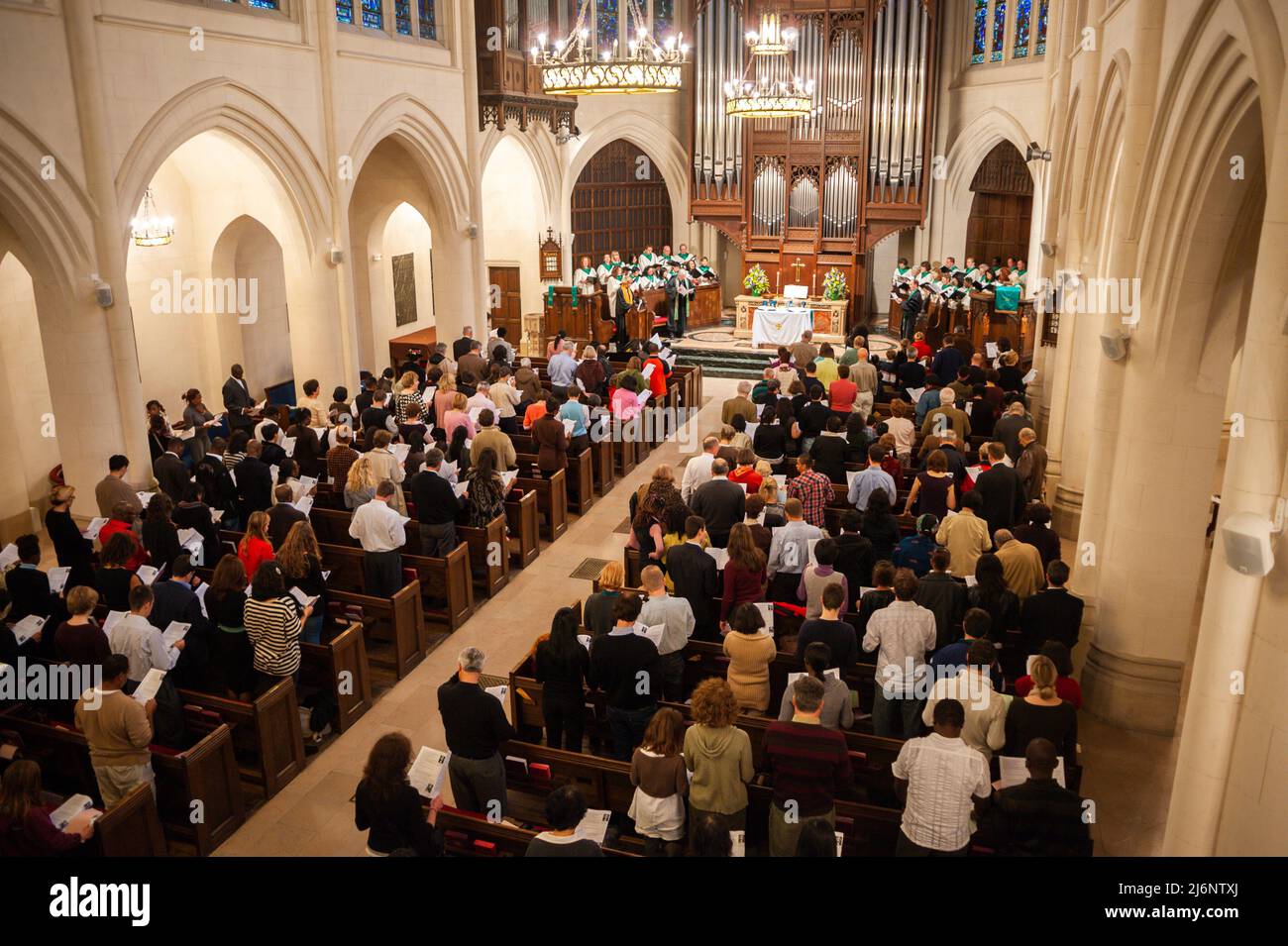 Paris, France, HIgh Angle, Large Crowd People inside Catholic American ...