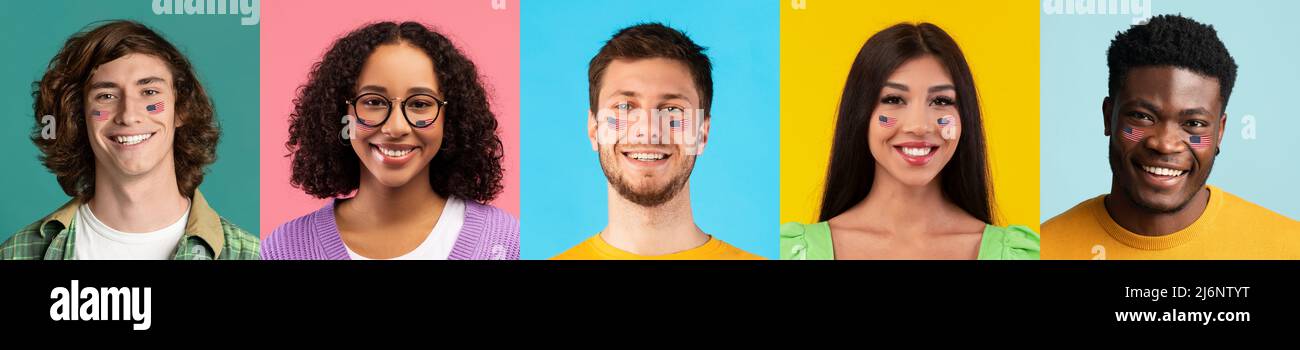 Set of photos of multiracial people with flag of US Stock Photo - Alamy