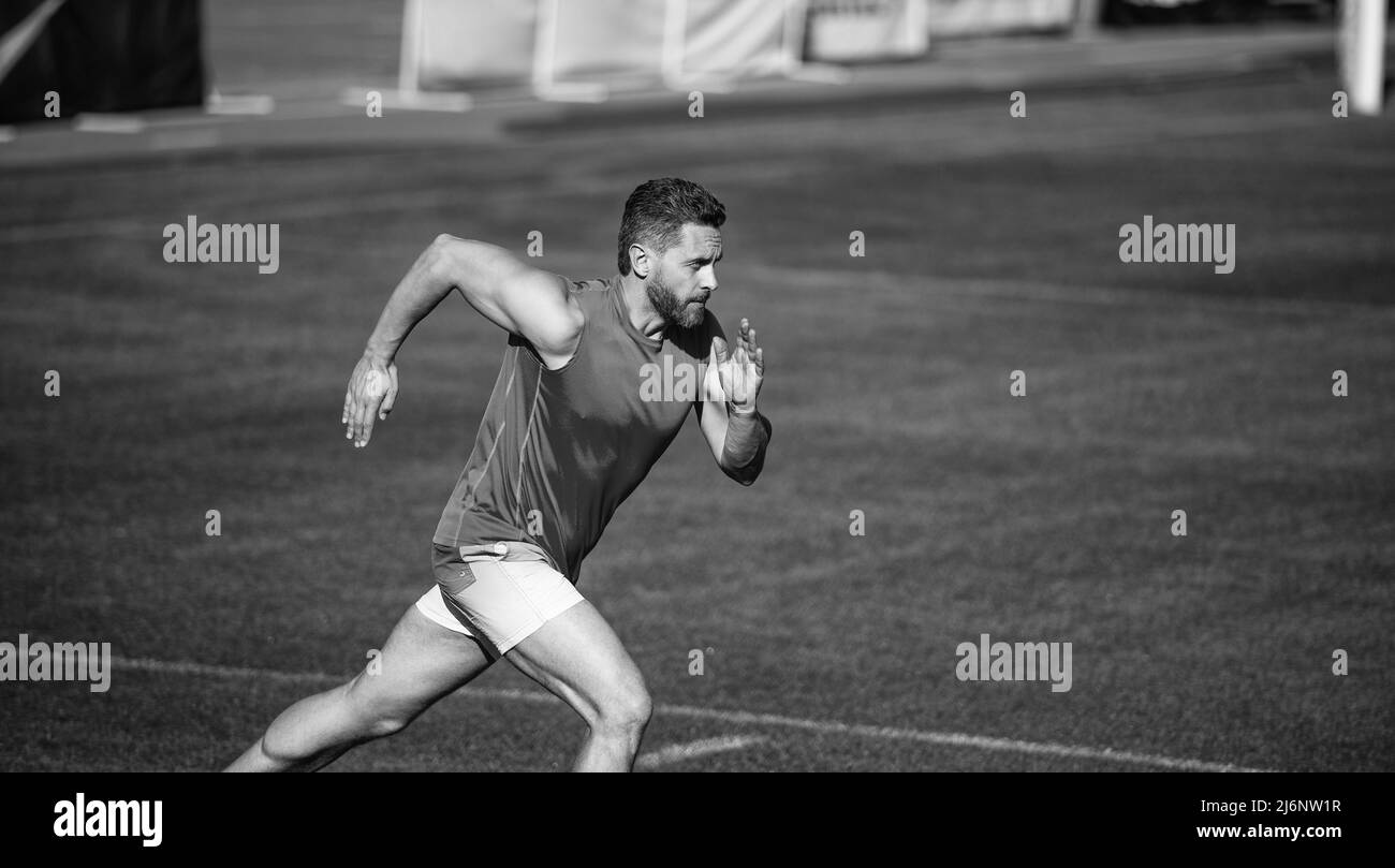 man sprinter running from start to finish with success and speed, sport ...