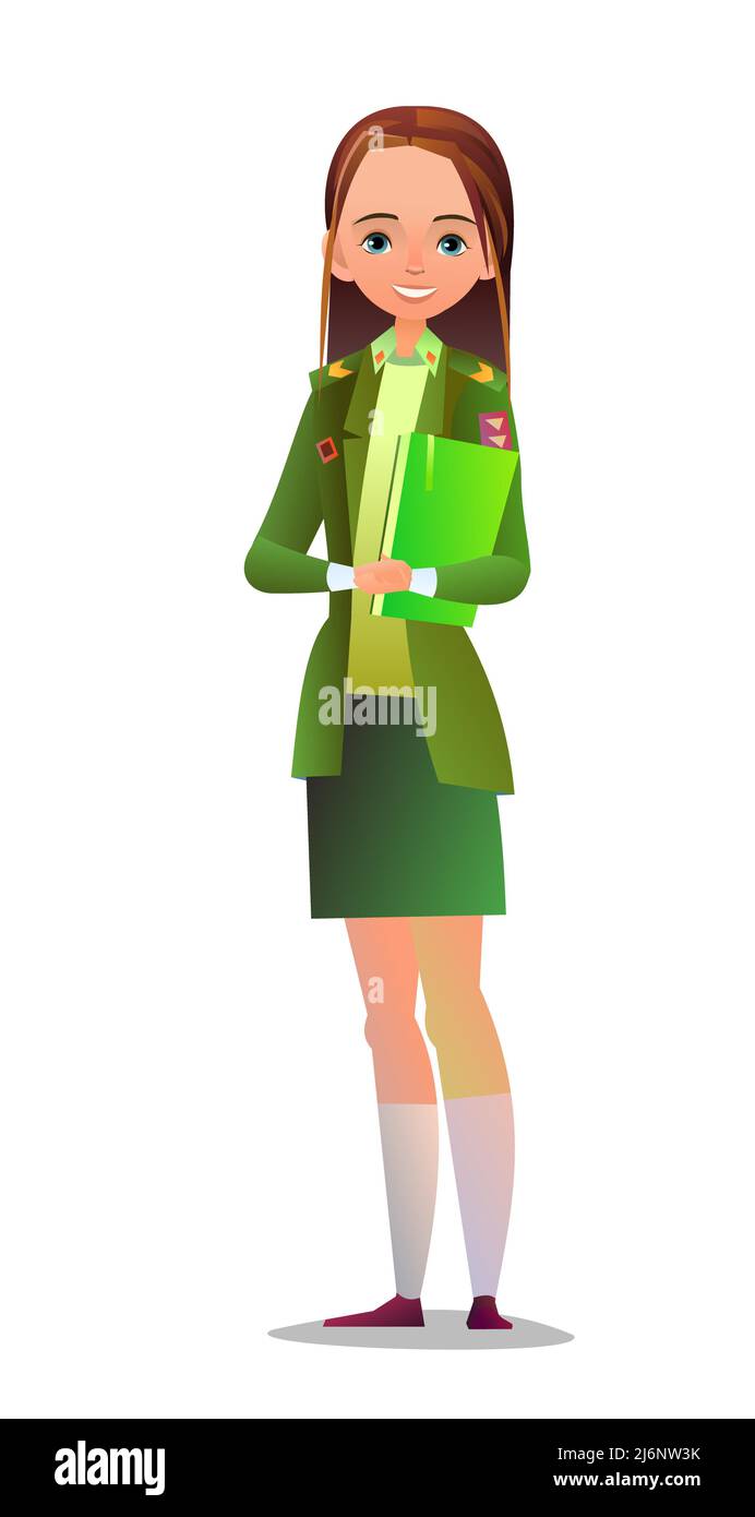 Pretty little girl in scout uniform with badges. Cheerful girl ...