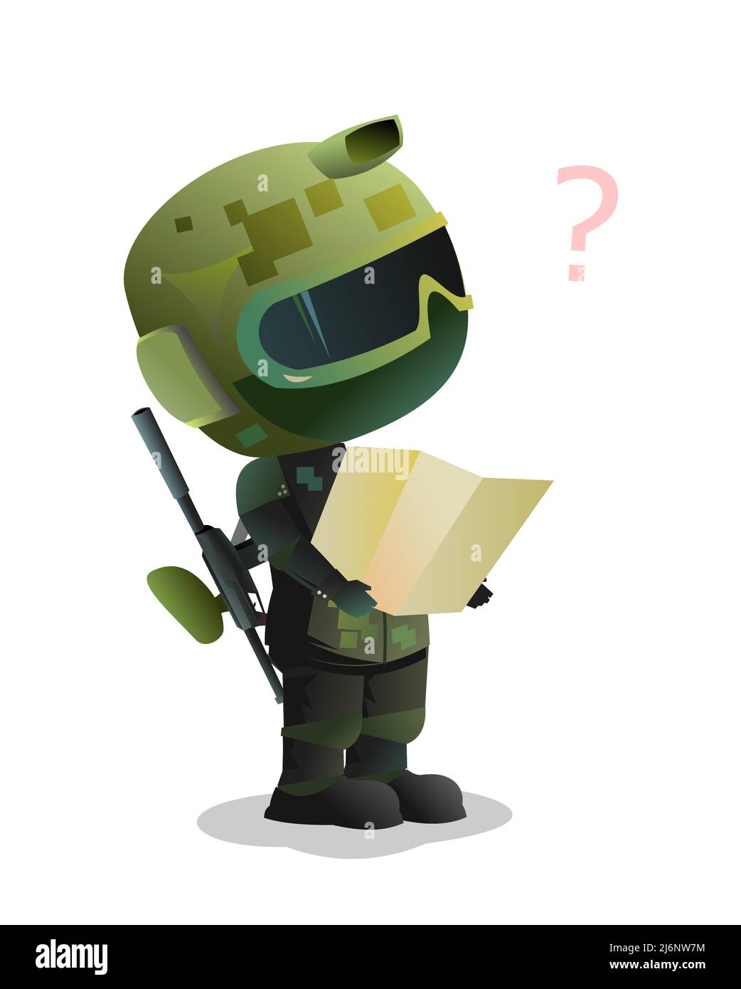 Warrior paintball player looking for way on map. Comic funny character ...
