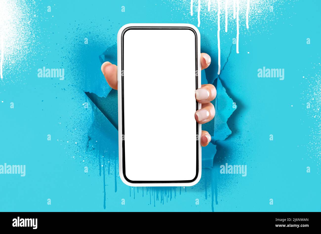 Collage of hand showing empty smartphone screen breaking through paper ...