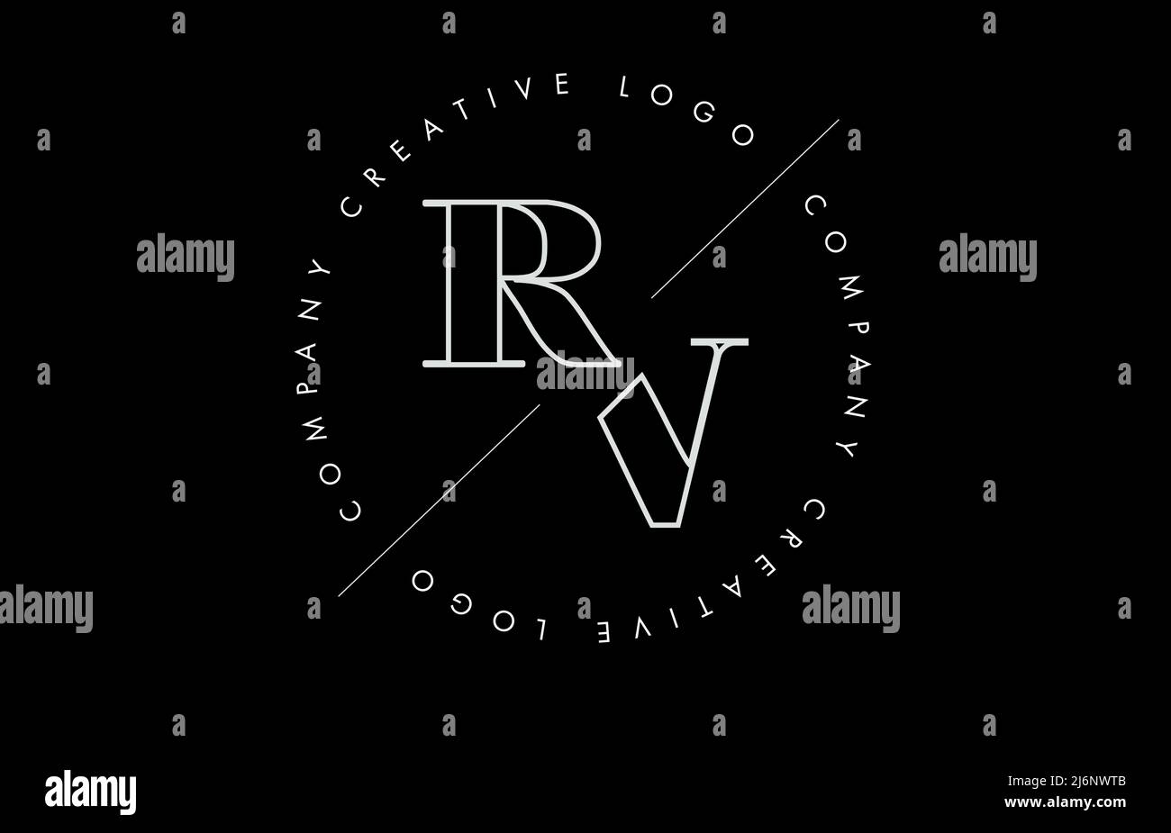 Outline RV r v letter logo with cut and intersected design and round ...